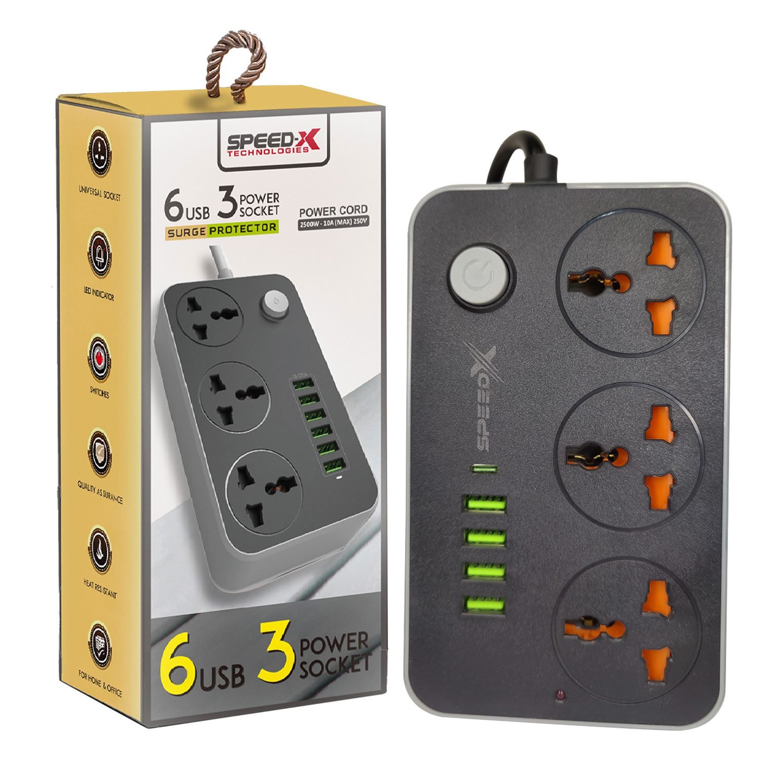 Speed-X 603PU Power Universal Travel 3 Socket + 4 USB + 1 Type-C