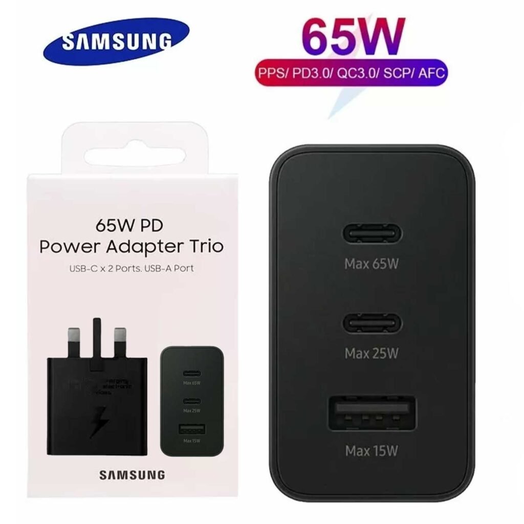65W Samsung UK/US Pin PD Power Adapter Trio USB C x 2 Ports, USB-A Port